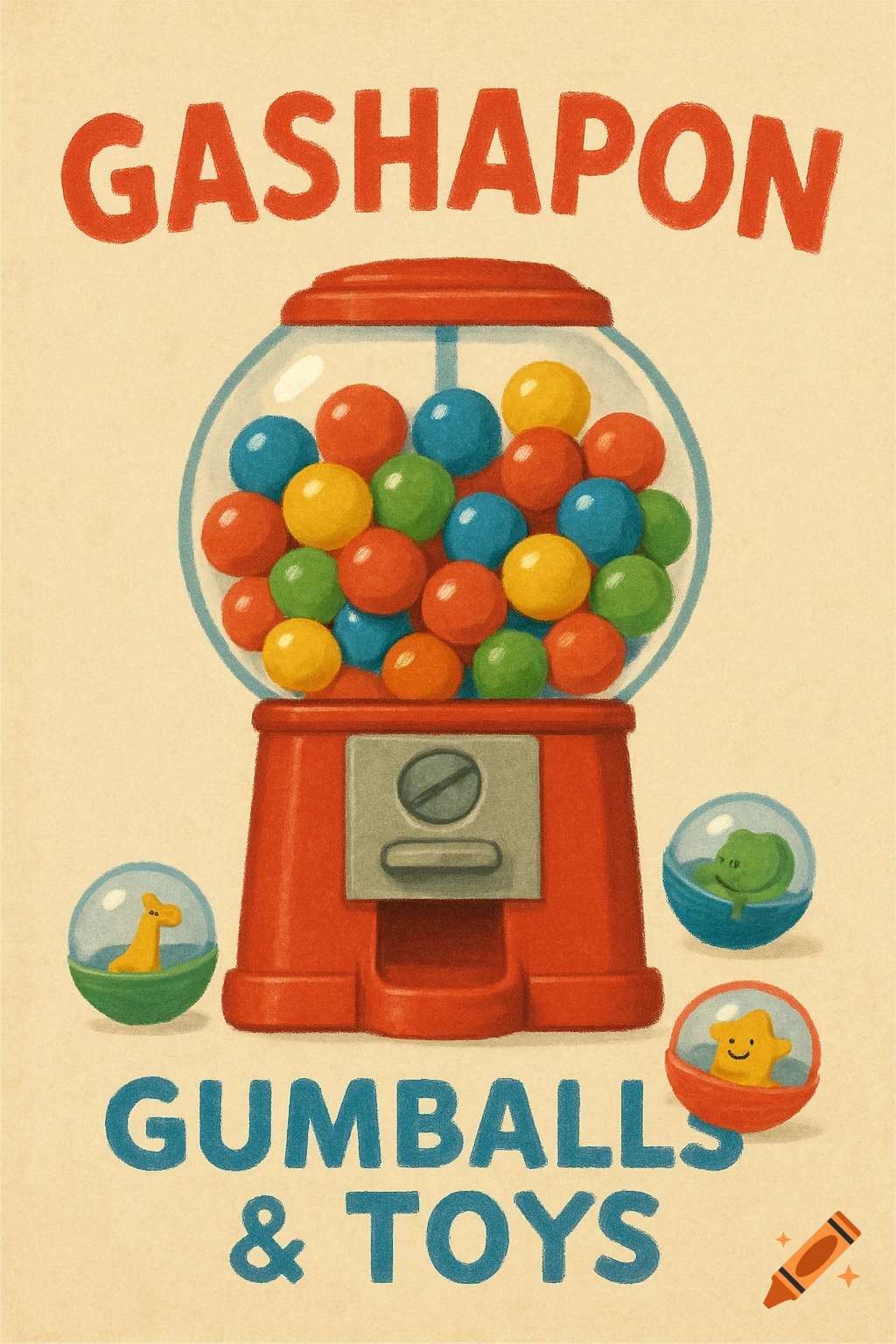 Retro illustration of a gashapon machine filled with colorful gumballs ...