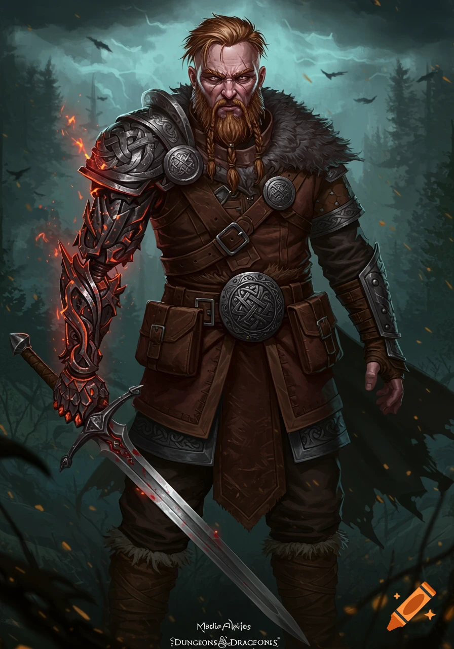 A fantasy illustration of a male warrior with a burning prosthetic arm ...