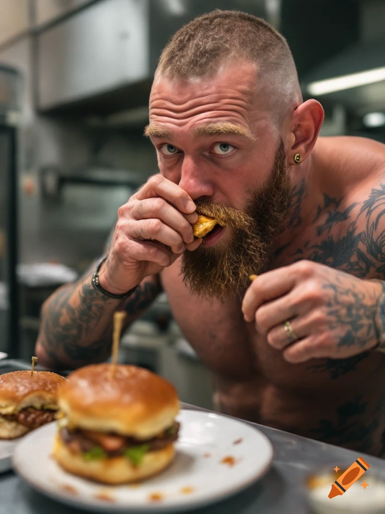 Tattooed man with beard eating a burger in a kitchen. on Craiyon