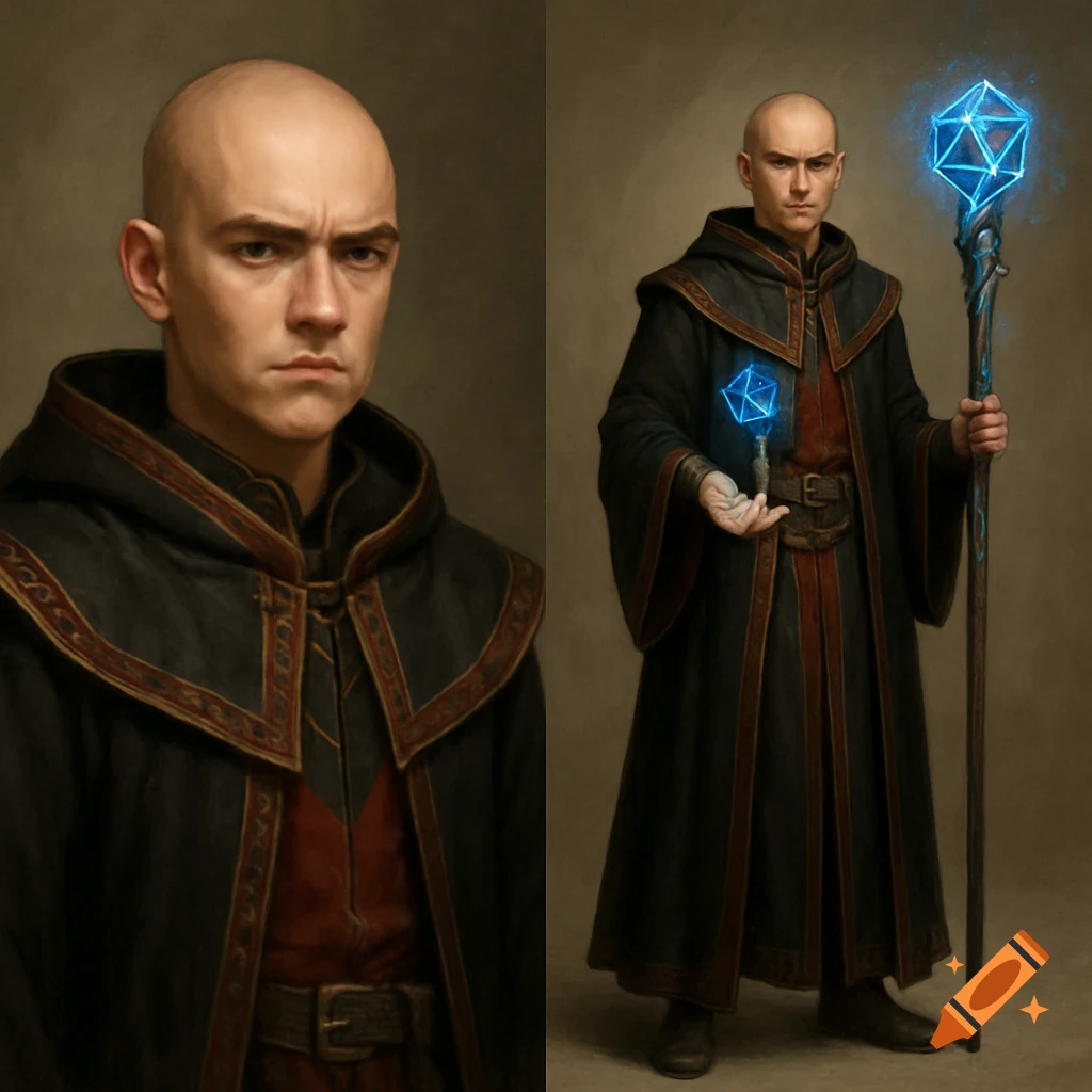 Digital painting of a bald male wizard in robes holding a glowing staff ...
