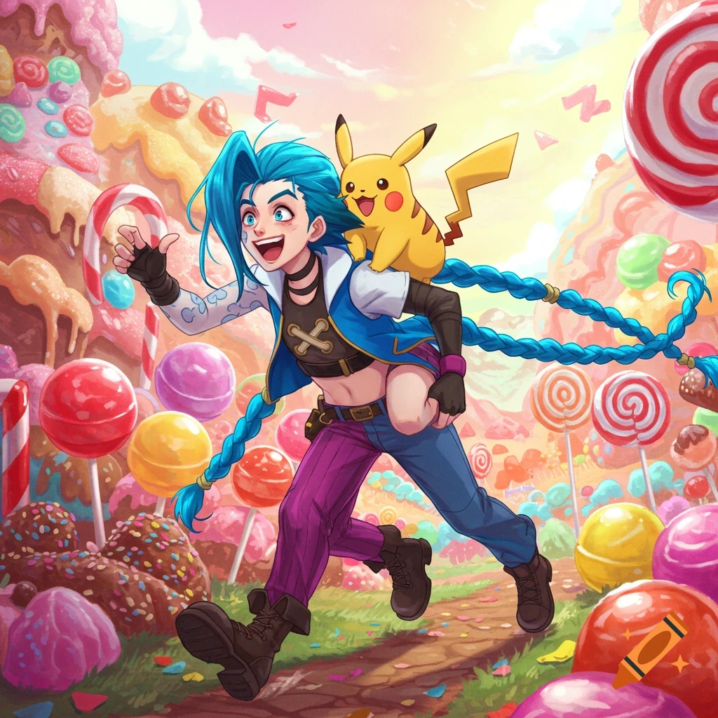 Anime style illustration of Jinx giving Pikachu a piggyback ride ...