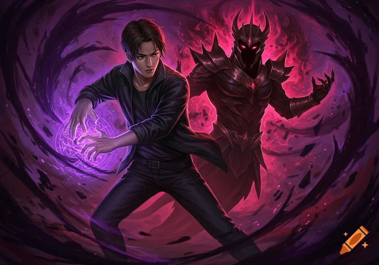 A man casts a purple magic spell with runes while a dark armored shadow ...