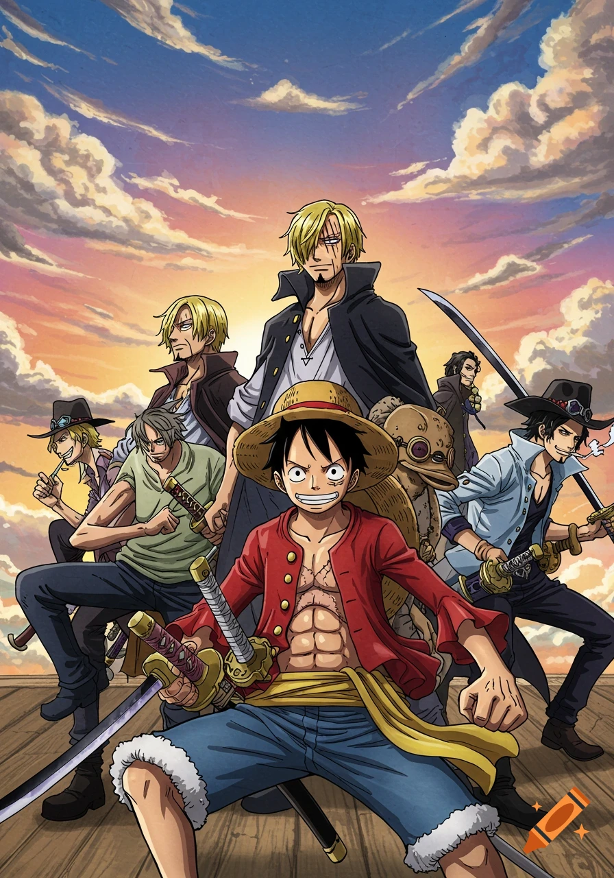 Anime illustration of multiple characters standing on a deck at sunset ...