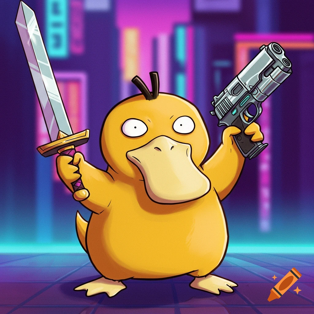 Cartoon Psyduck holding a sword and gun in a neon synthwave city on Craiyon