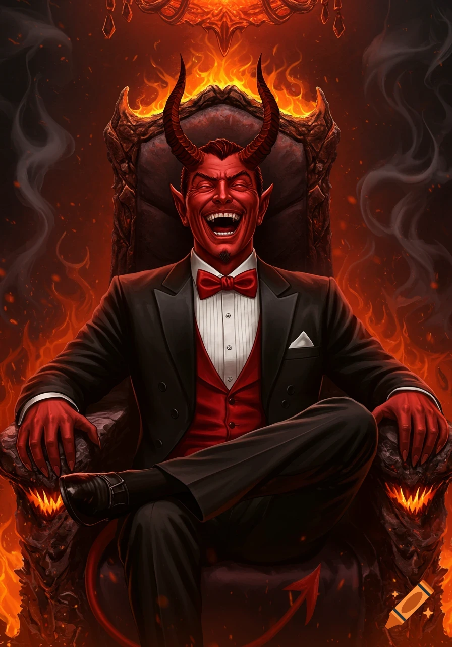 A devil in a tuxedo sits laughing on a fiery throne. on Craiyon
