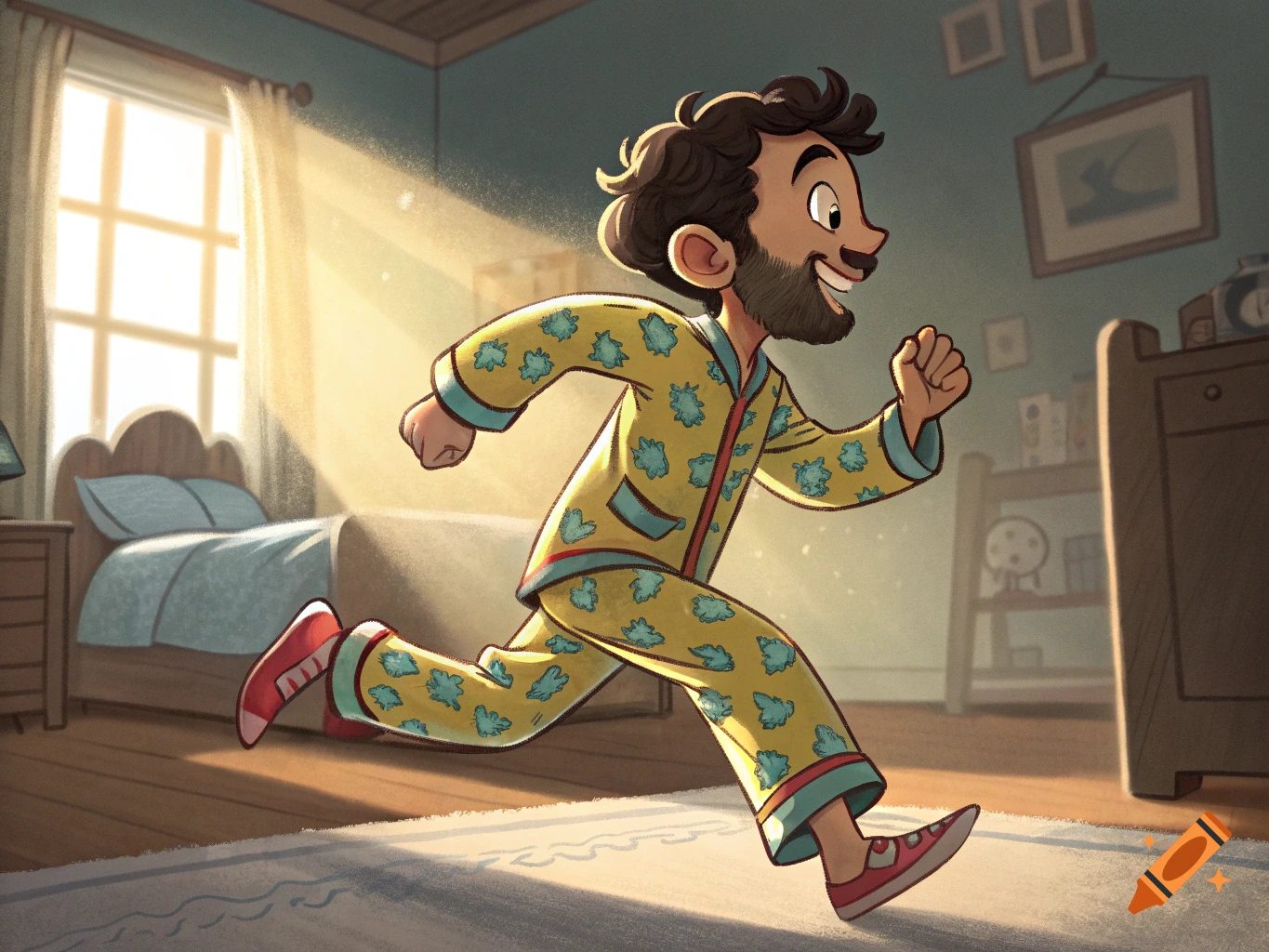 Illustration of a man in yellow pajamas running through a sunlit ...