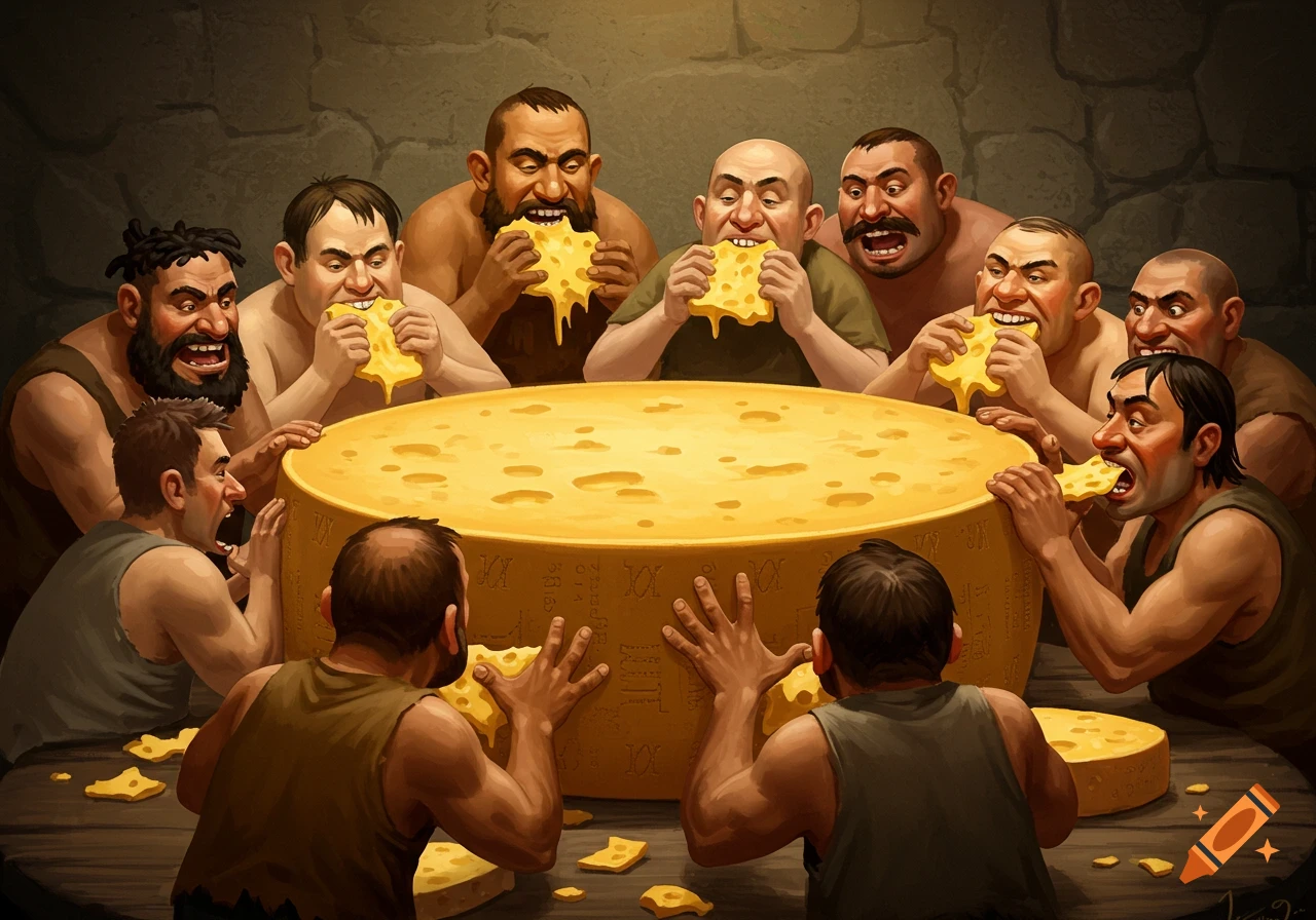 Group of stylized men eagerly eating large chunks from a giant wheel of ...