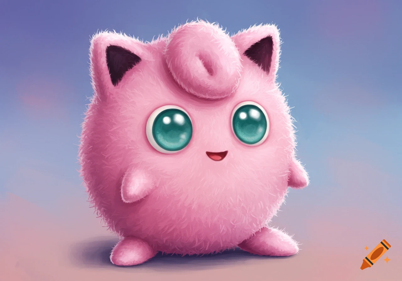 A fluffy, pink, round cartoon creature with big green eyes sits looking ...