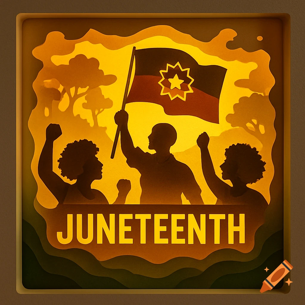 Paper cutout art celebrating Juneteenth with silhouetted figures and a ...
