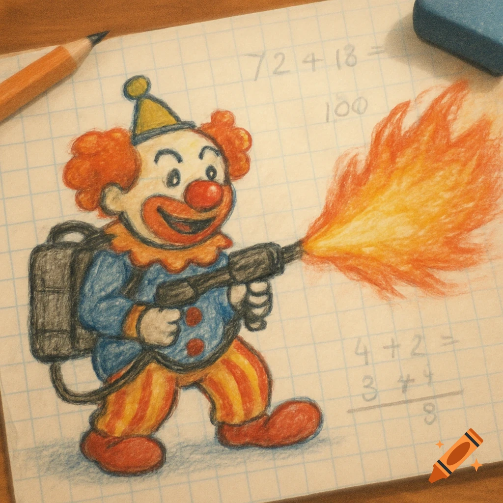 A colored pencil drawing of a cartoon clown with a flamethrower on ...