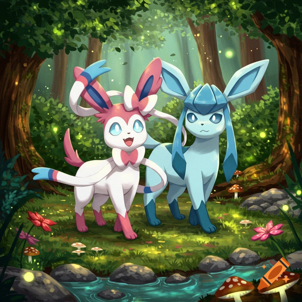 Illustration of Sylveon and Glaceon standing together in a magical ...