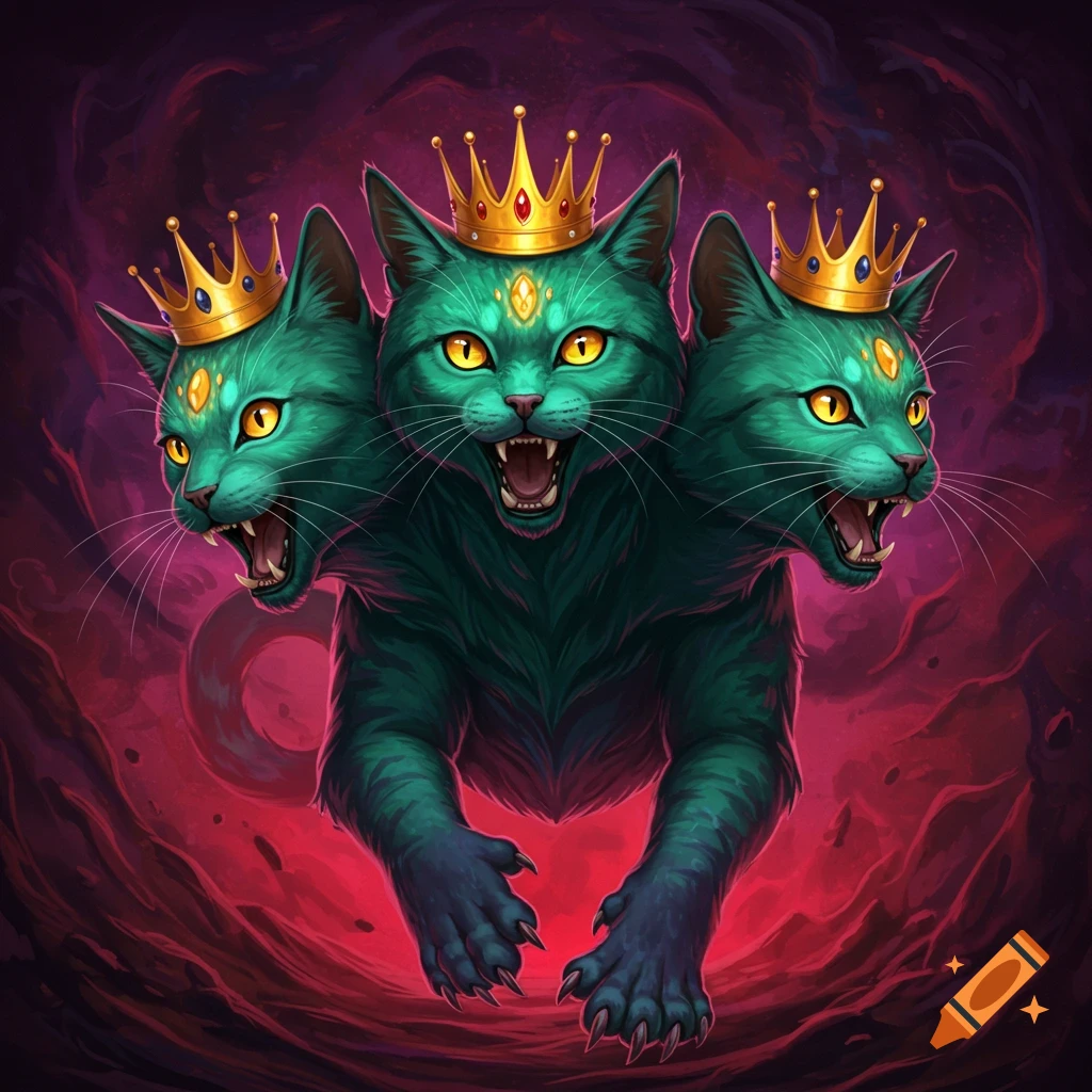 A fearsome three-headed green cat with golden crowns stands against a ...
