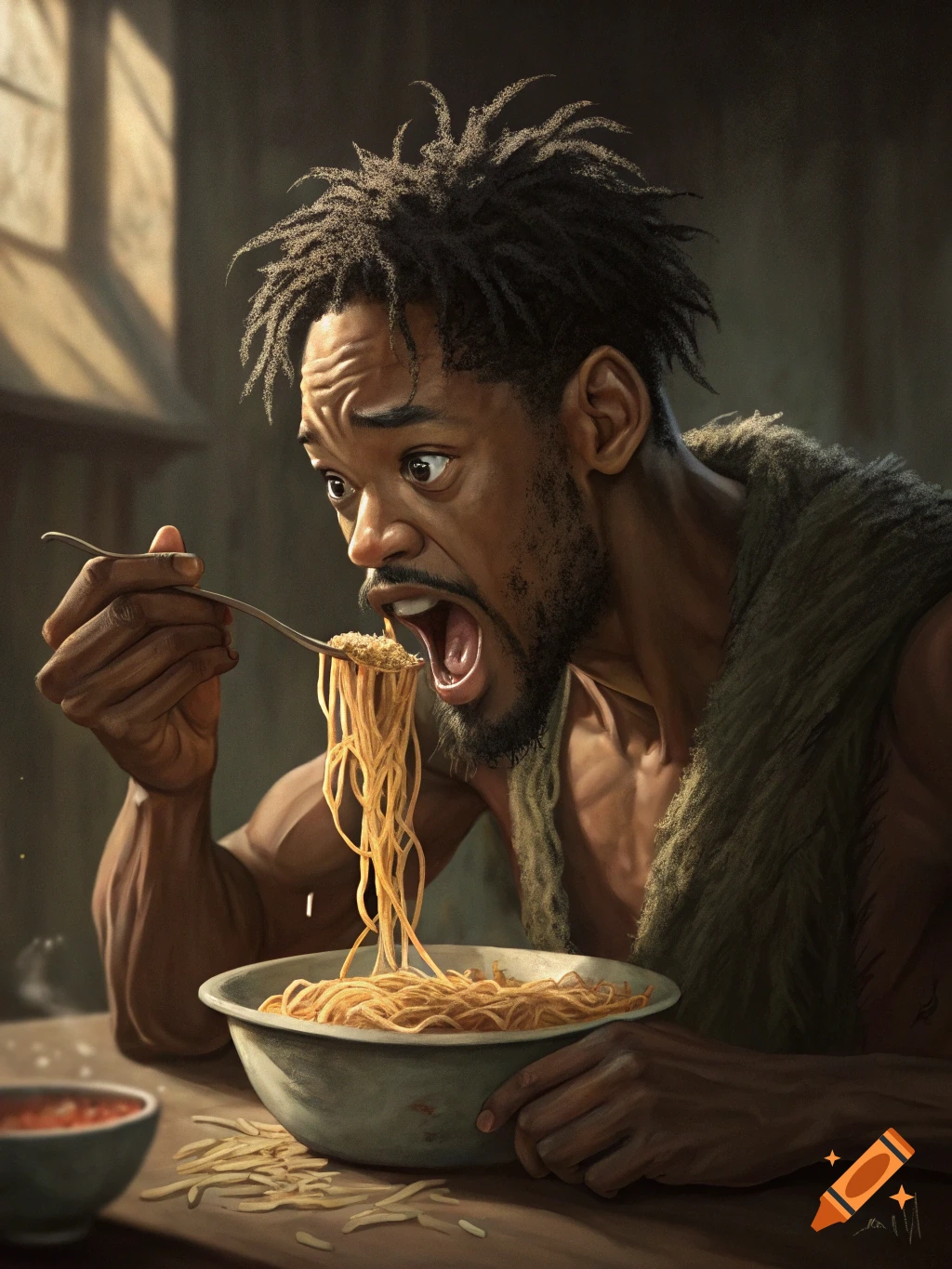 Digital painting of a man with dreadlocks eating spaghetti with a fork ...