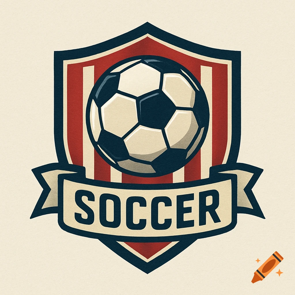 A soccer ball on a shield with red and white stripes, and a banner ...
