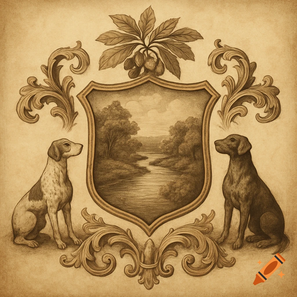 Vintage drawing of an emblem with two dogs flanking a shield depicting ...
