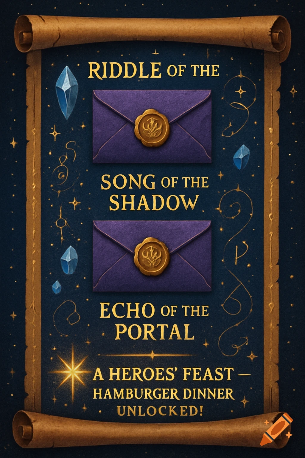 A fantasy scroll UI with golden text, purple envelopes sealed with wax ...