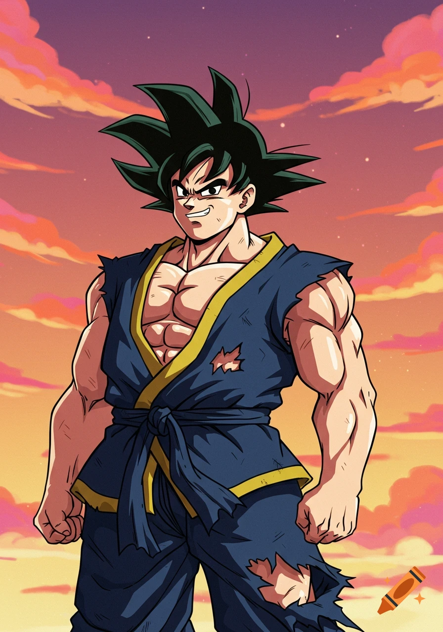 A muscular male anime character in a ripped blue gi stands against a ...