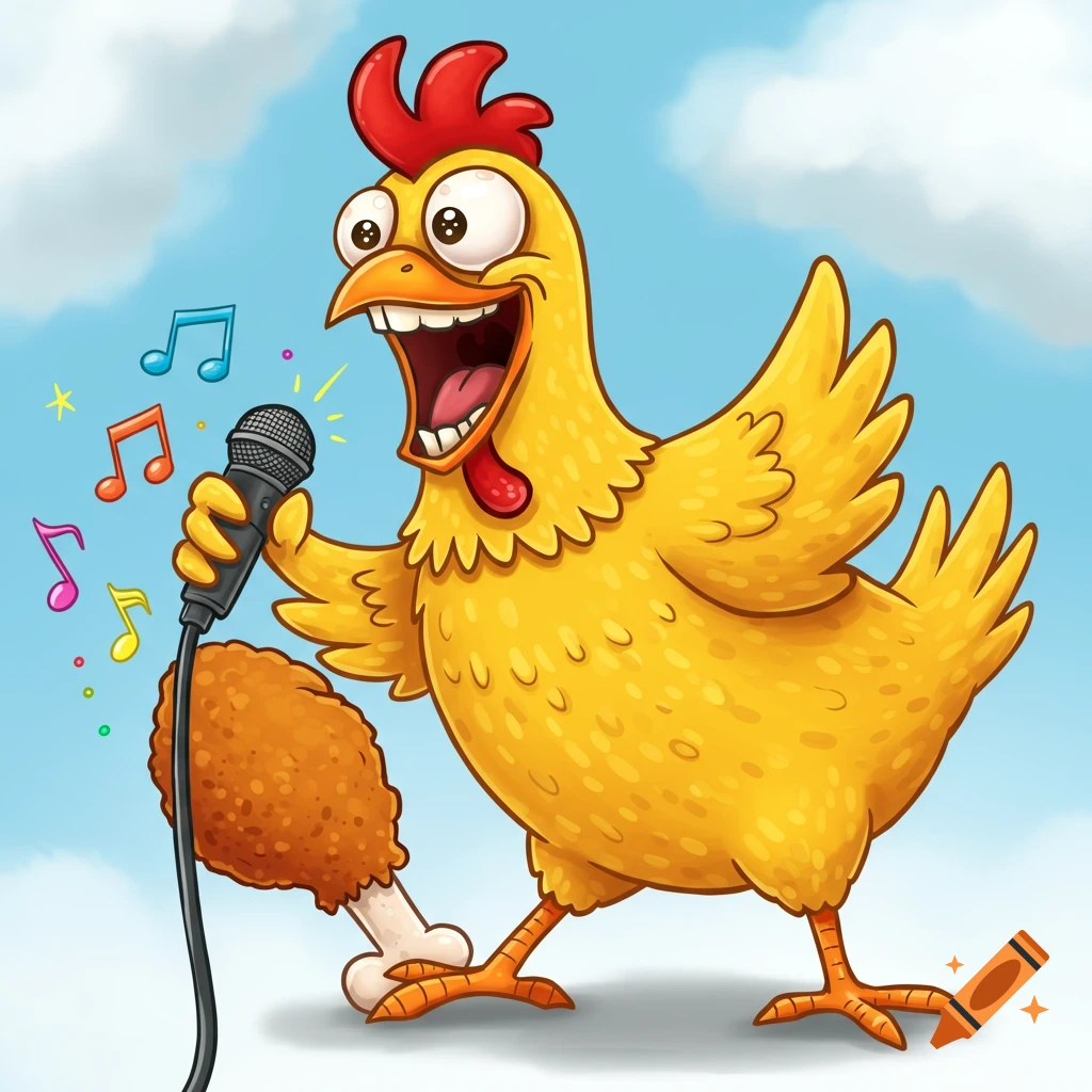 Cartoon chicken singing into a microphone and holding a fried chicken ...