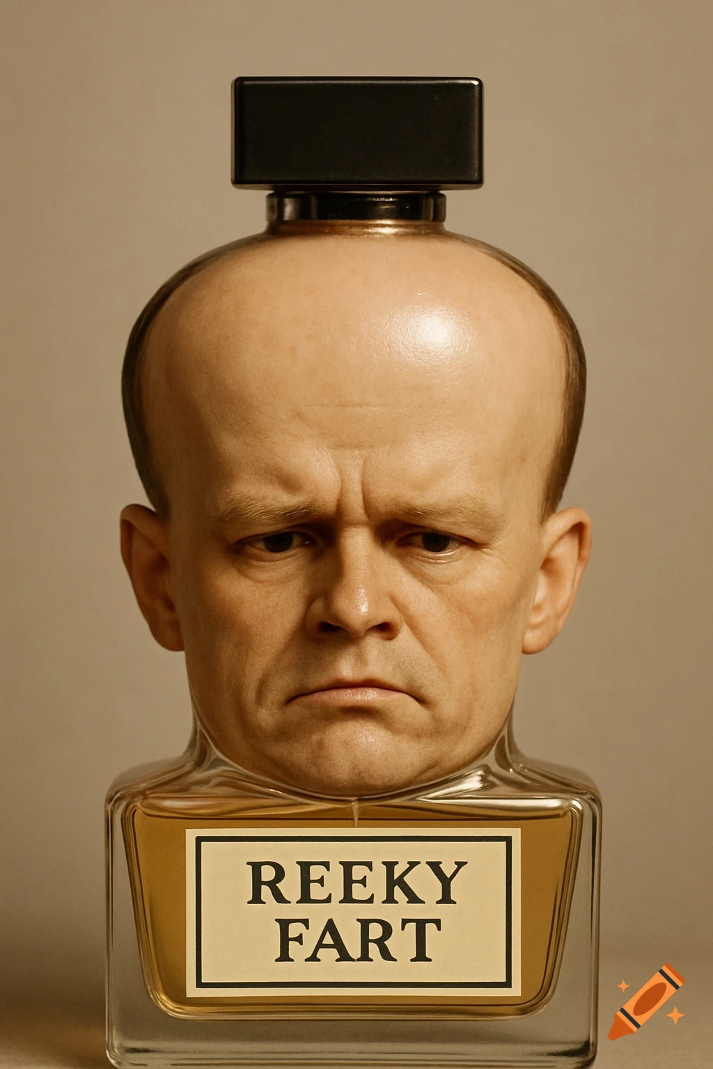 Cologne bottle shaped like a man's head with a massive forehead, label ...