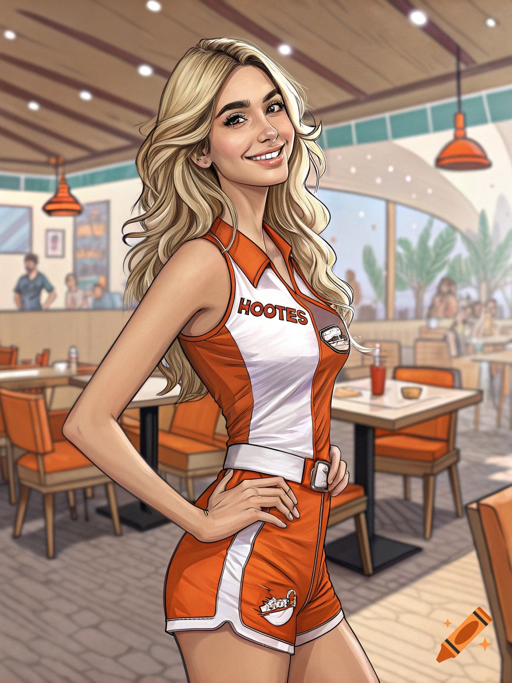 Illustration of a woman in a Hooters uniform smiling in a restaurant ...