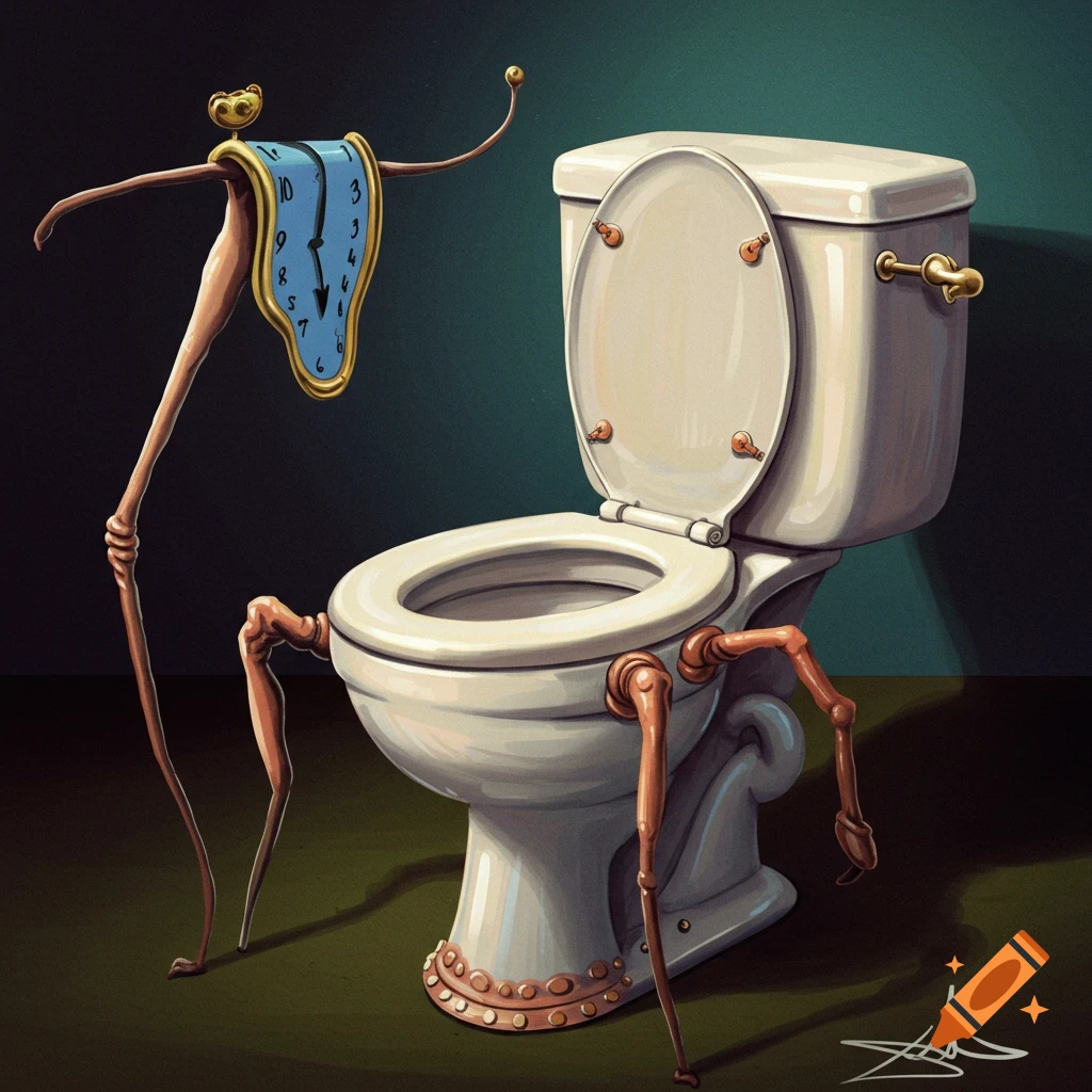 A surreal painting of a melting clock creature standing next to a ...