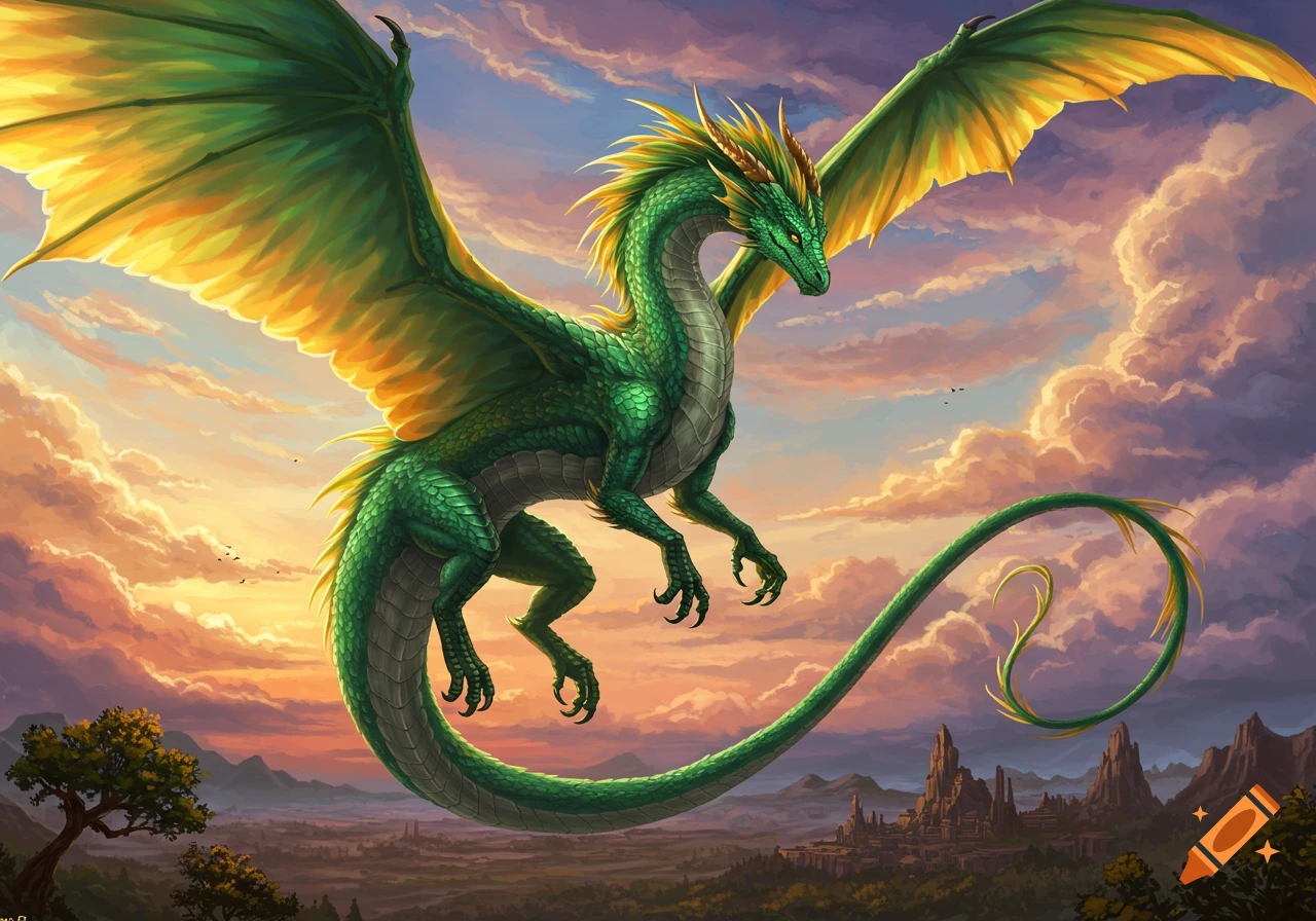 A large green and yellow dragon flies over a landscape with mountains ...