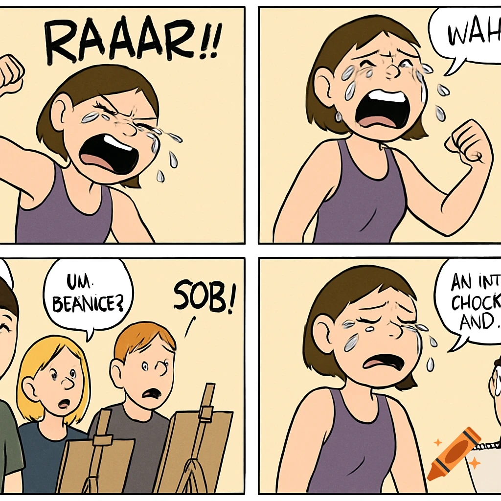 A 4-panel cartoon comic strip shows a young woman crying and yelling ...