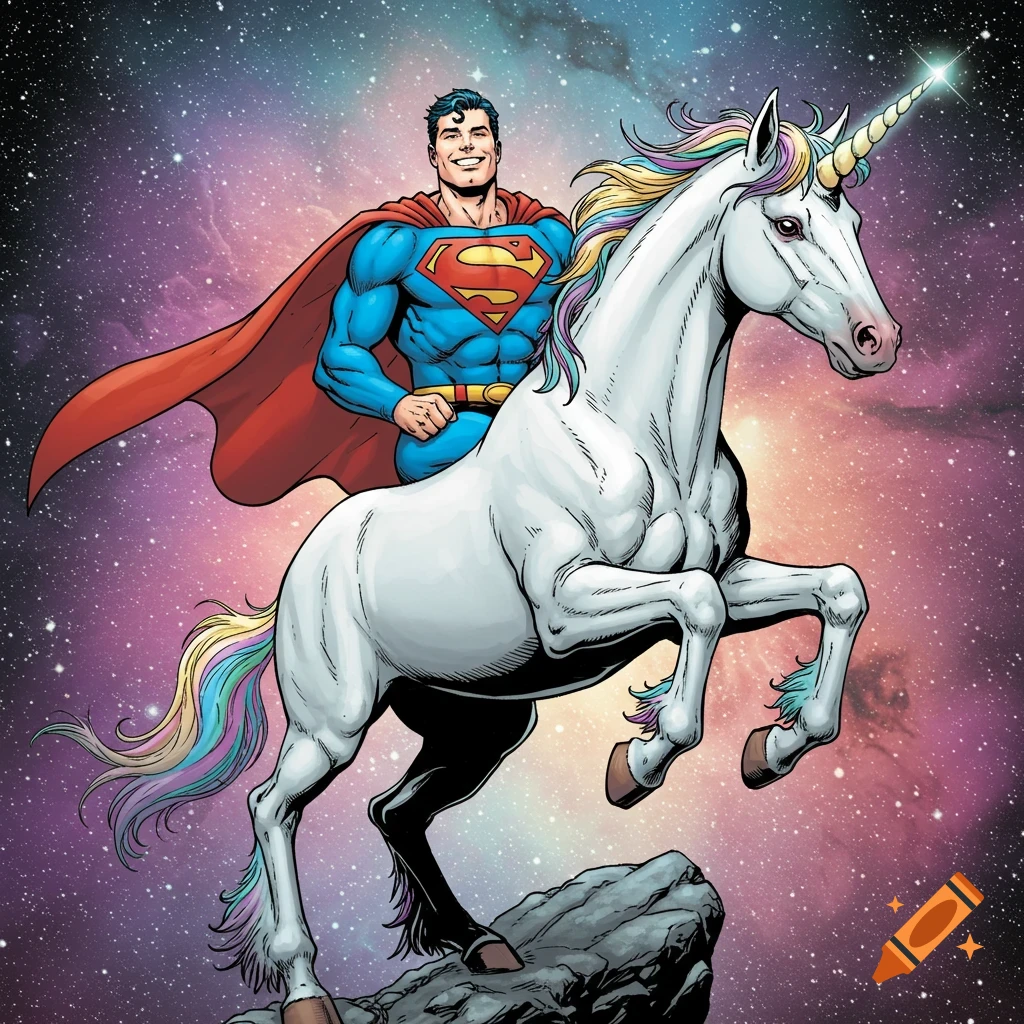 Superman rides a white unicorn with rainbow mane and tail through space ...