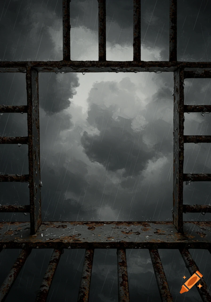 View through rusty prison bars at a rainy, gloomy sky on Craiyon