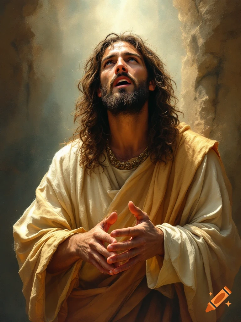 Realistic depiction of Jesus looking up, hands open, bathed in light in a cave. on Craiyon