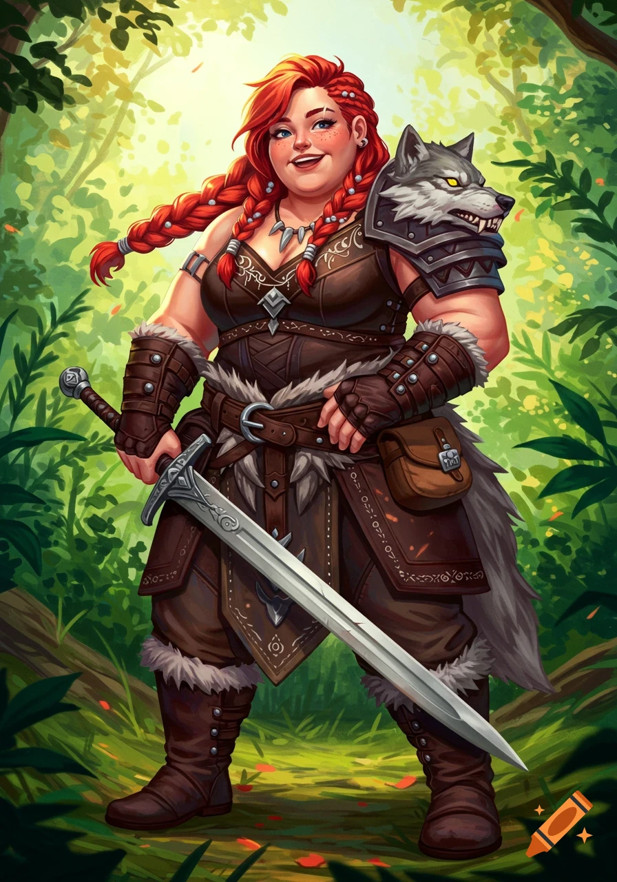 A female fantasy adventurer in armor with a wolf pauldron holds a sword ...