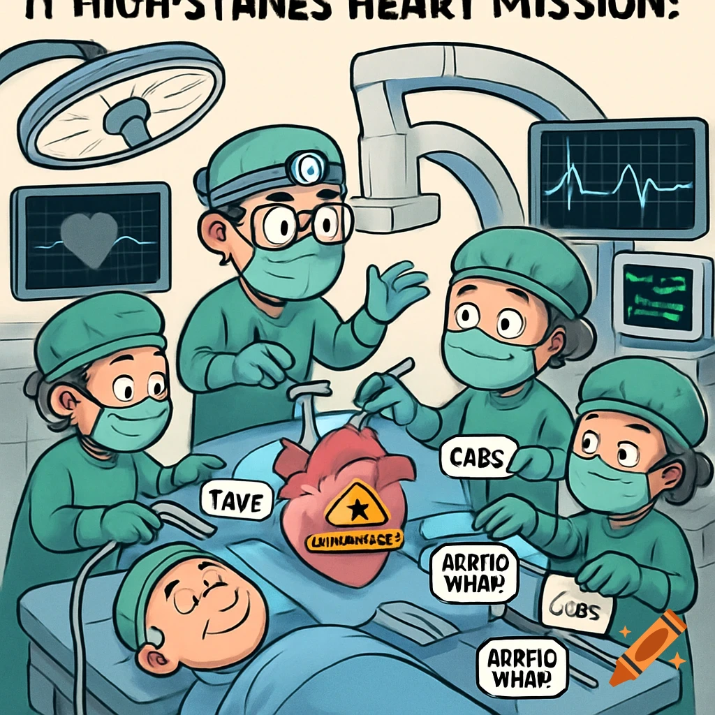Cartoon surgeons operate on a heart with labels in a hybrid operating ...