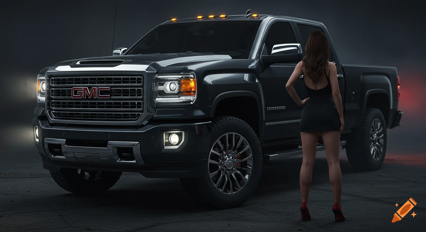 A photorealistic image of a black GMC truck with a woman in a short ...