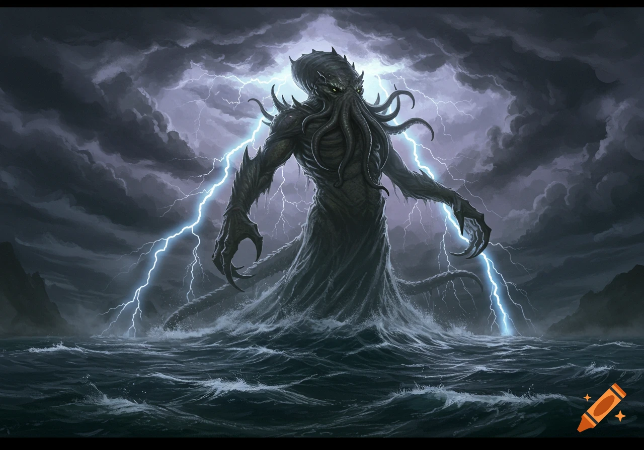Large tentacled monster rising from stormy sea under lightning. on Craiyon