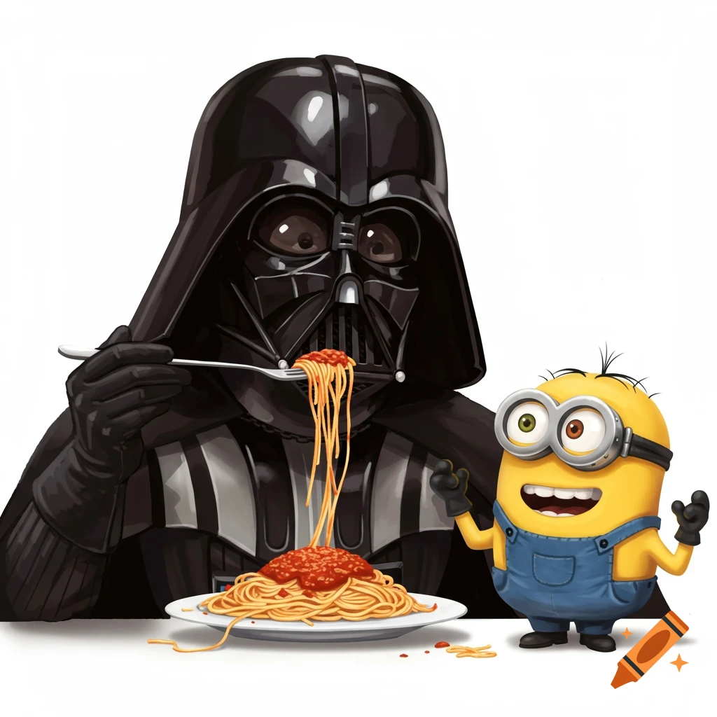 Illustration of Darth Vader eating spaghetti with a Minion standing ...