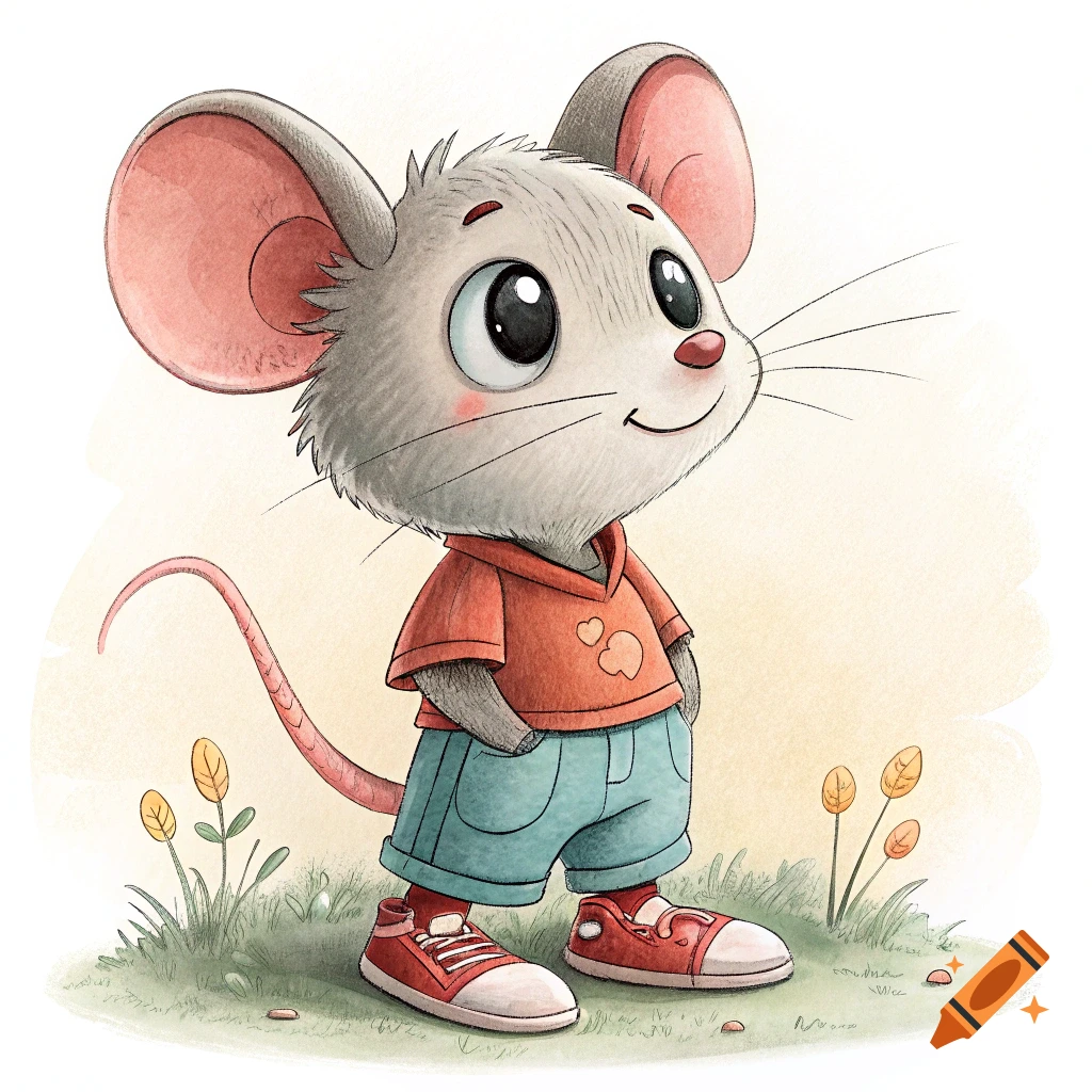 Cute cartoon mouse wearing orange shirt and blue shorts, standing in ...