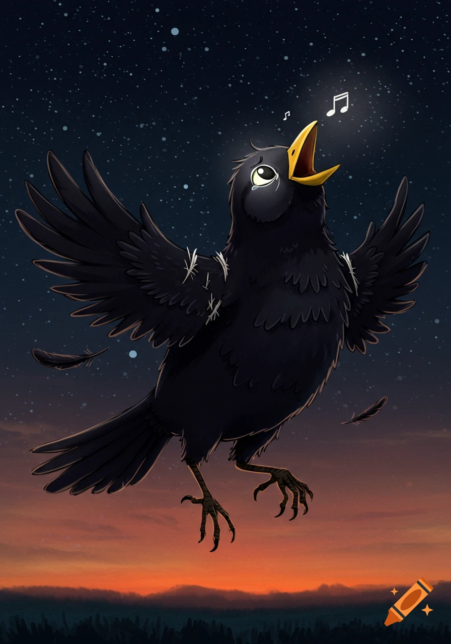Cartoon blackbird singing under a starry sky with musical notes. on Craiyon