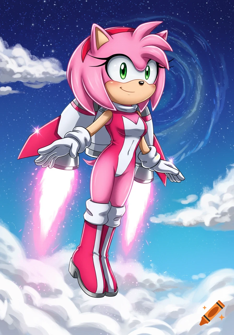 Amy Rose flying with a jetpack through a starry sky. on Craiyon