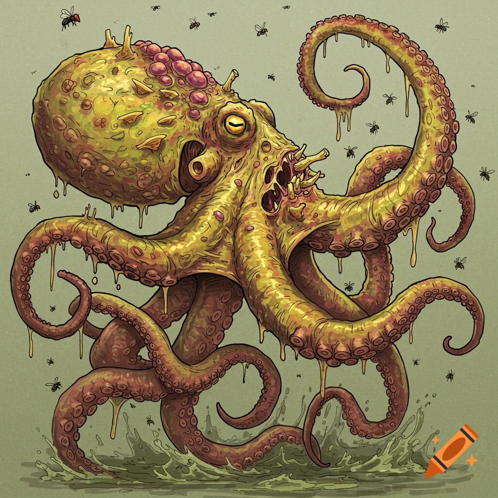 Grotesque monster octopus dripping goo, surrounded by flies, in an ...