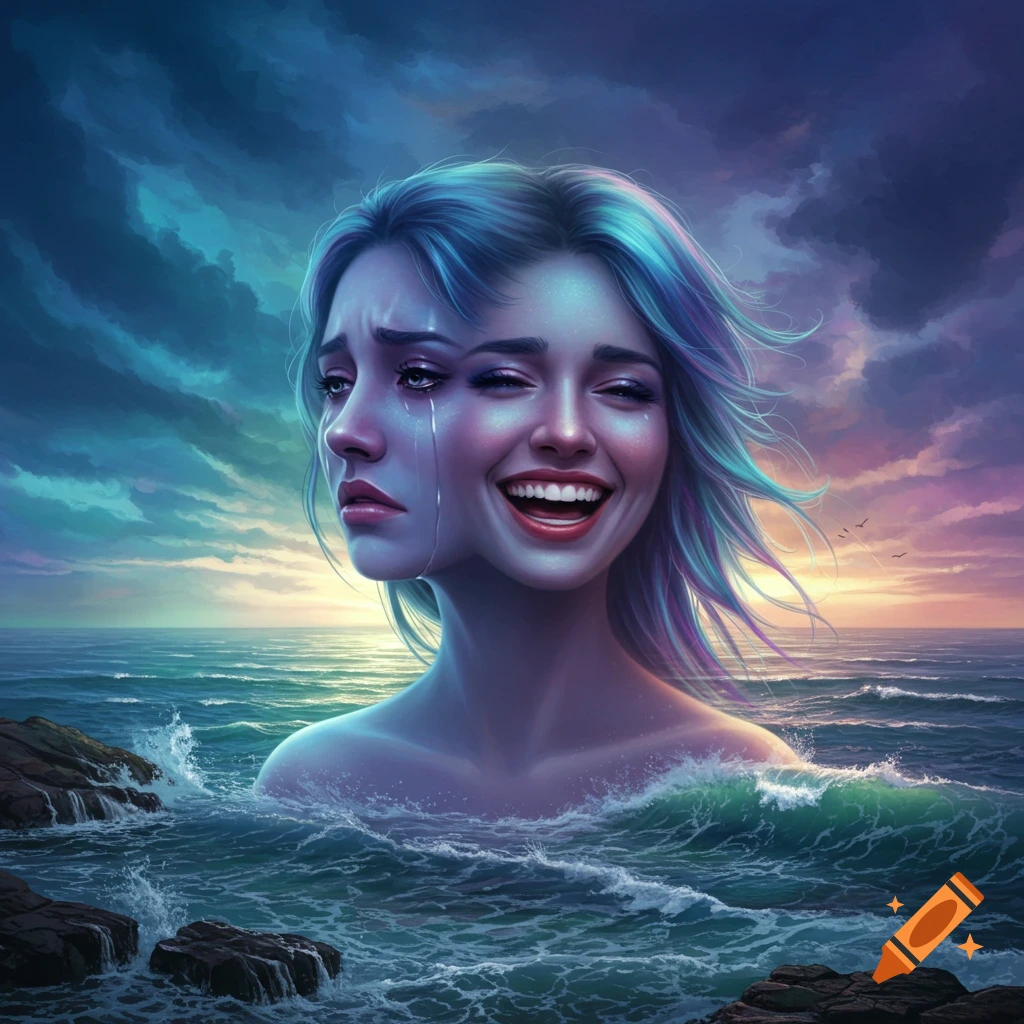 Surreal portrait of a woman's face emerging from the ocean, split ...