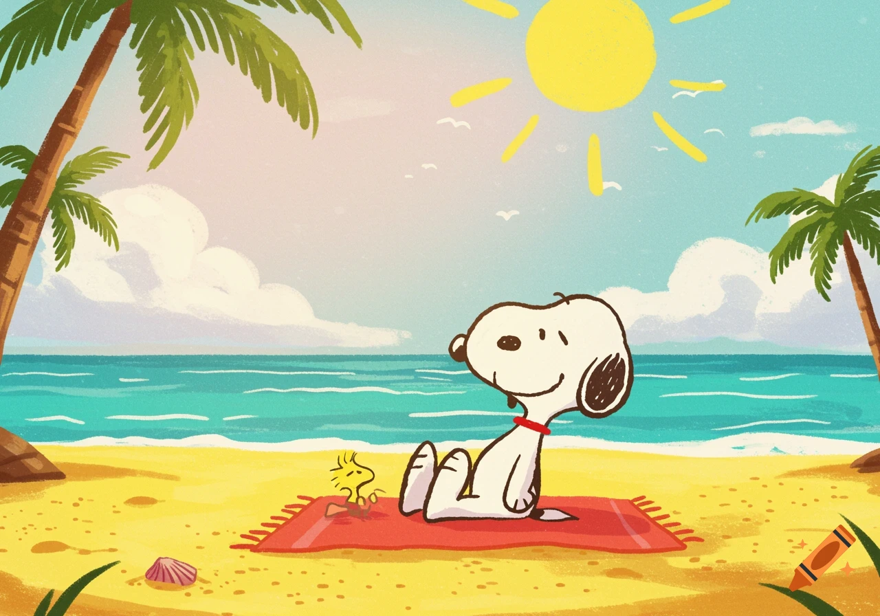 Cartoon illustration of Snoopy and Woodstock relaxing on a red towel on ...