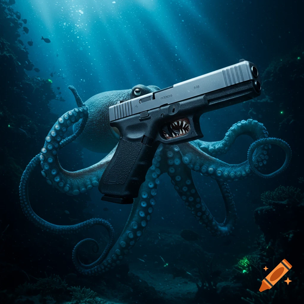 A fantastical octopus holds a gun with teeth underwater. on Craiyon