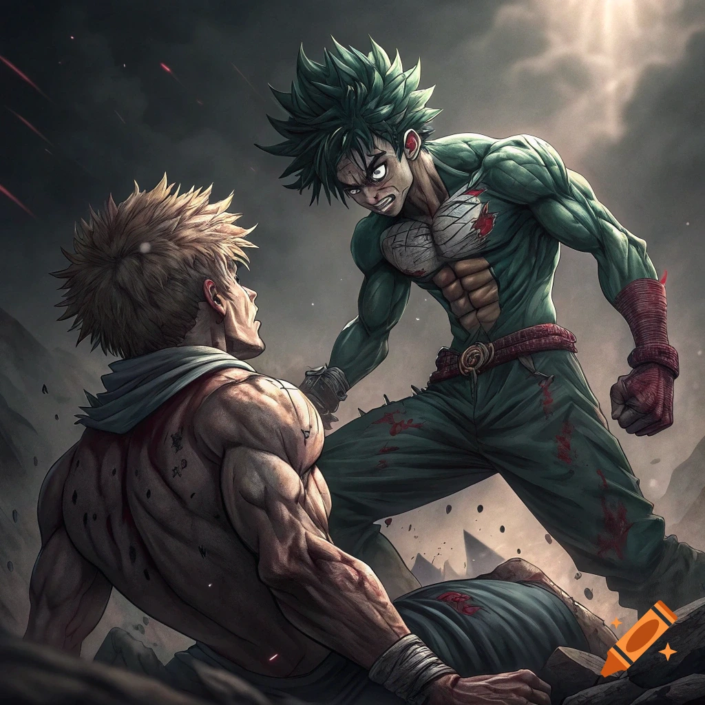 Anime style battle between two muscular characters on Craiyon