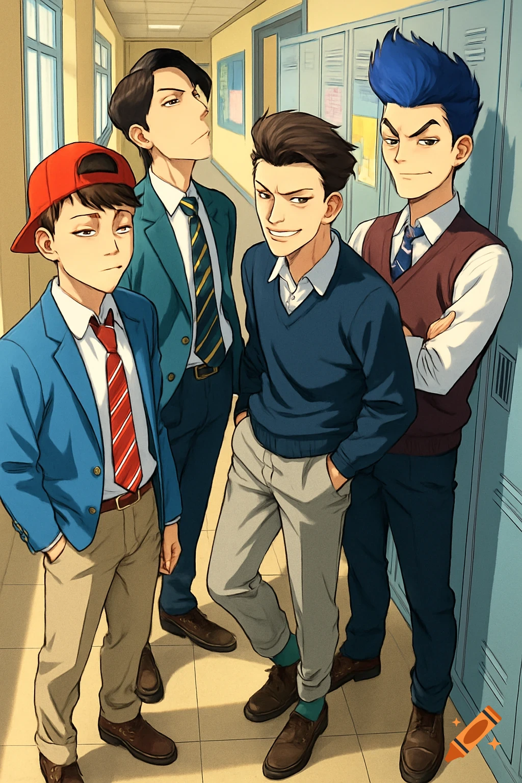 Four teenage boys in anime style standing by lockers in a school ...