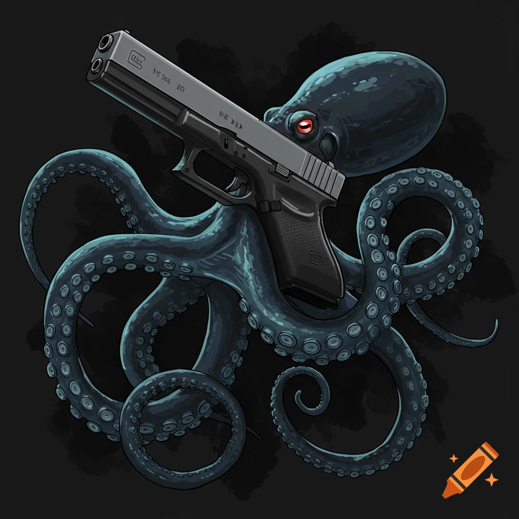 Illustration of a dark blue octopus holding a black handgun. on Craiyon