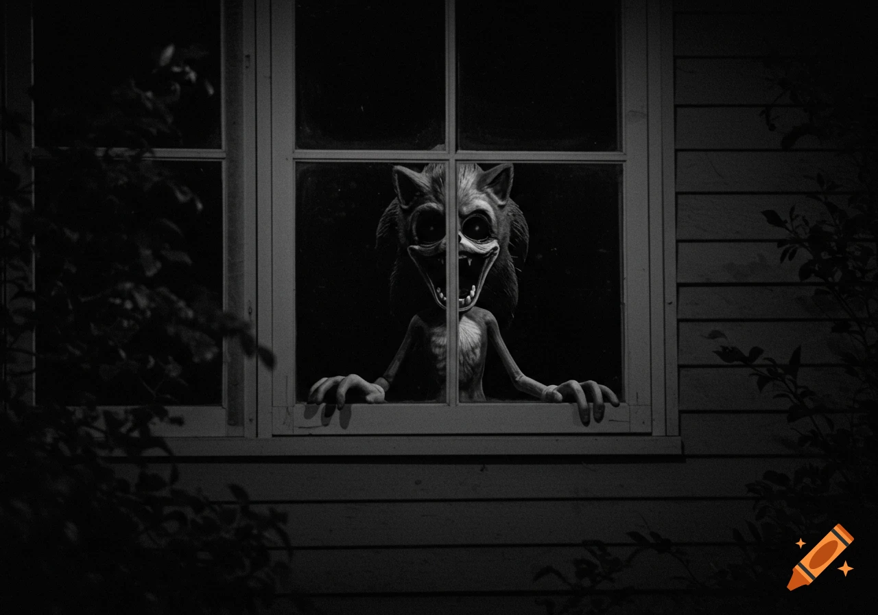 Distorted screaming Sonic character peers through a dark window at ...