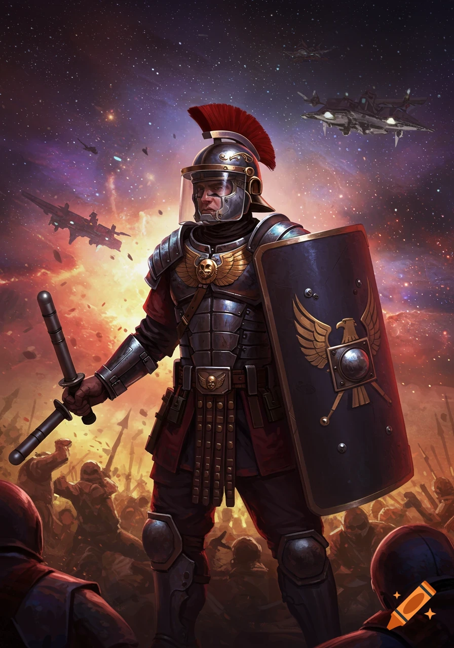 Futuristic soldier in Roman armor with shield and sword stands before a ...