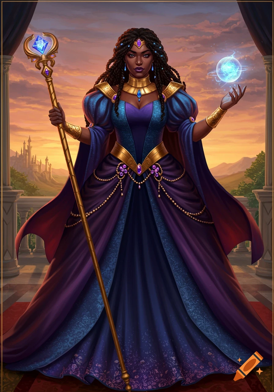 A fantasy portrait of a dark-skinned woman in elaborate robes holding a ...