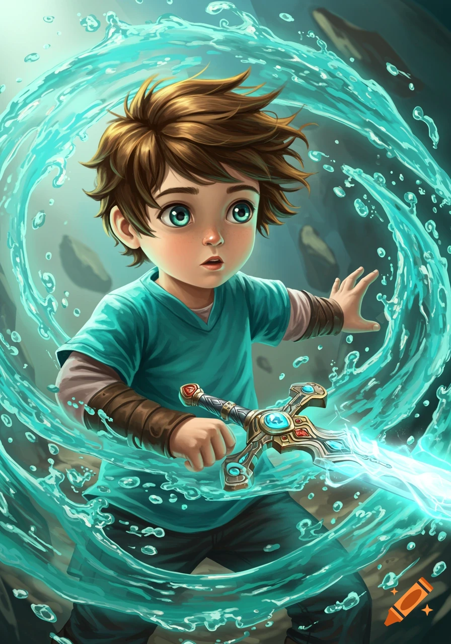 Fantasy illustration of a boy with a glowing sword, surrounded by ...