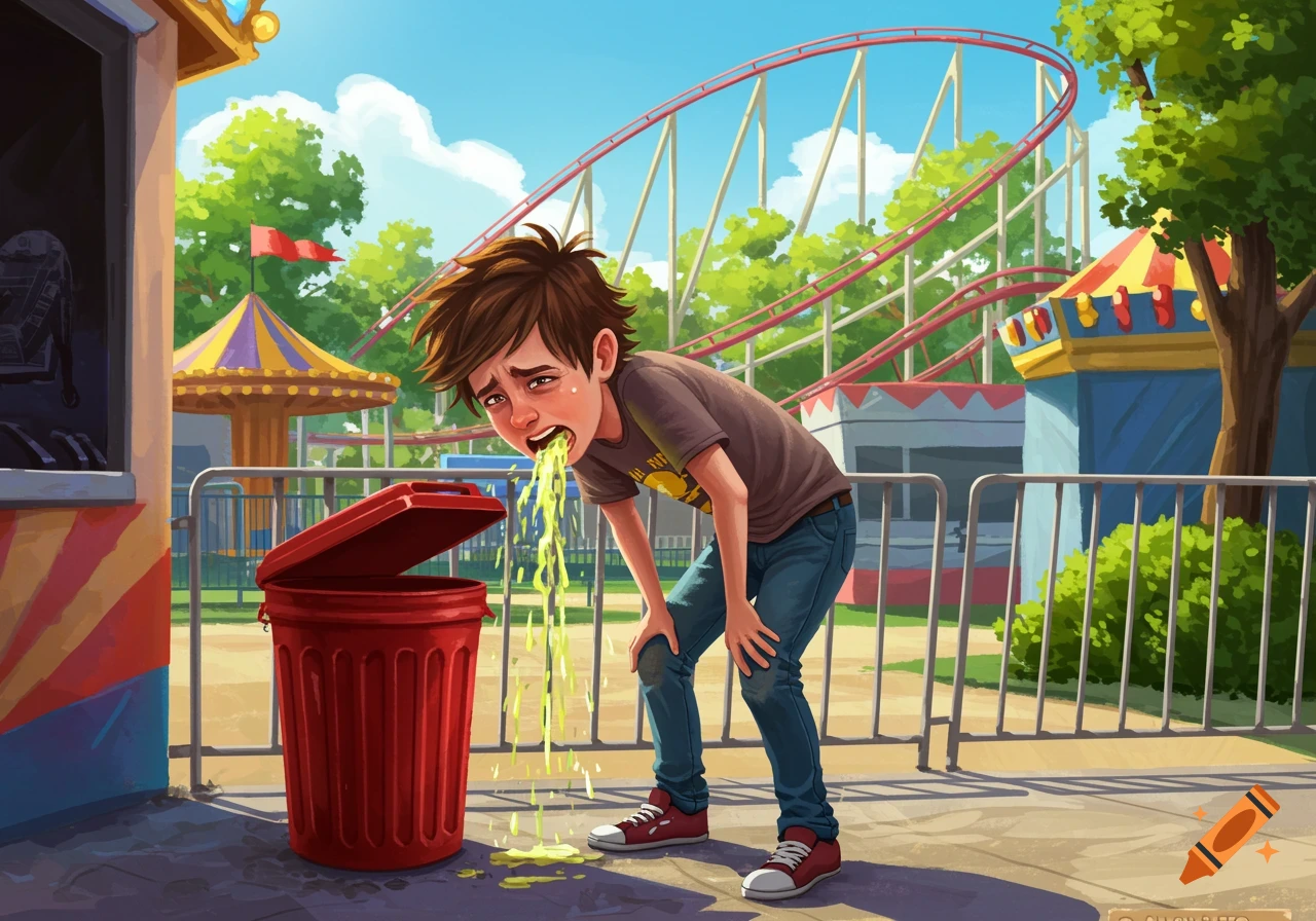 Cartoon boy vomiting into a trash can at an amusement park. on Craiyon
